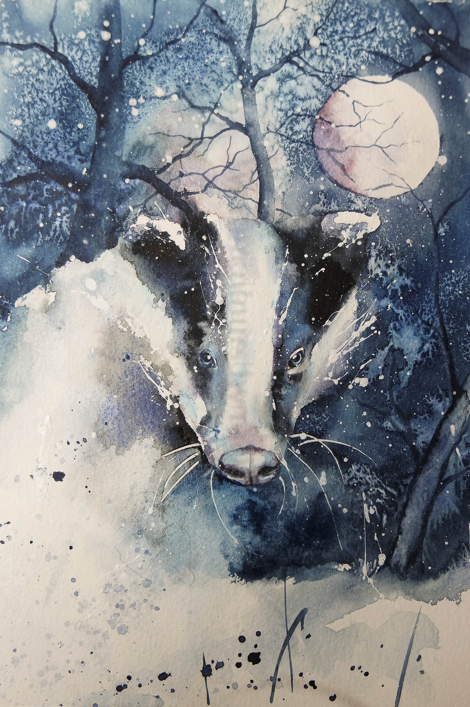 Winter Moon Badger – watercolours by rachel